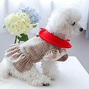 Loyalfurry Winter Dog Shirt Dress with Cute Red Doll Collar, Elegant Warm Dog Sweater Dresses with D Ring, Plaid Puppy Pet Clothes for Small Breeds (Medium, Light Brown)