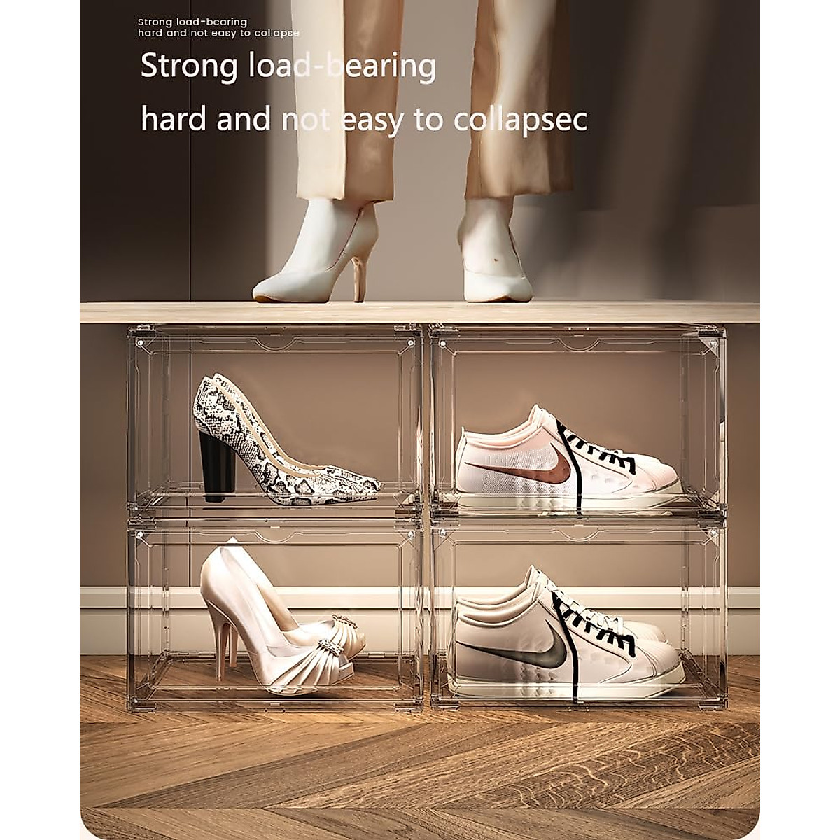 Sscp Shoe Storage Box Fit Size 11, Clear Plastic Stackable Shoe Organizer for Closet, Space Saving Foldable Shoe Rack Sneaker Container Bin Holder, (1pack)