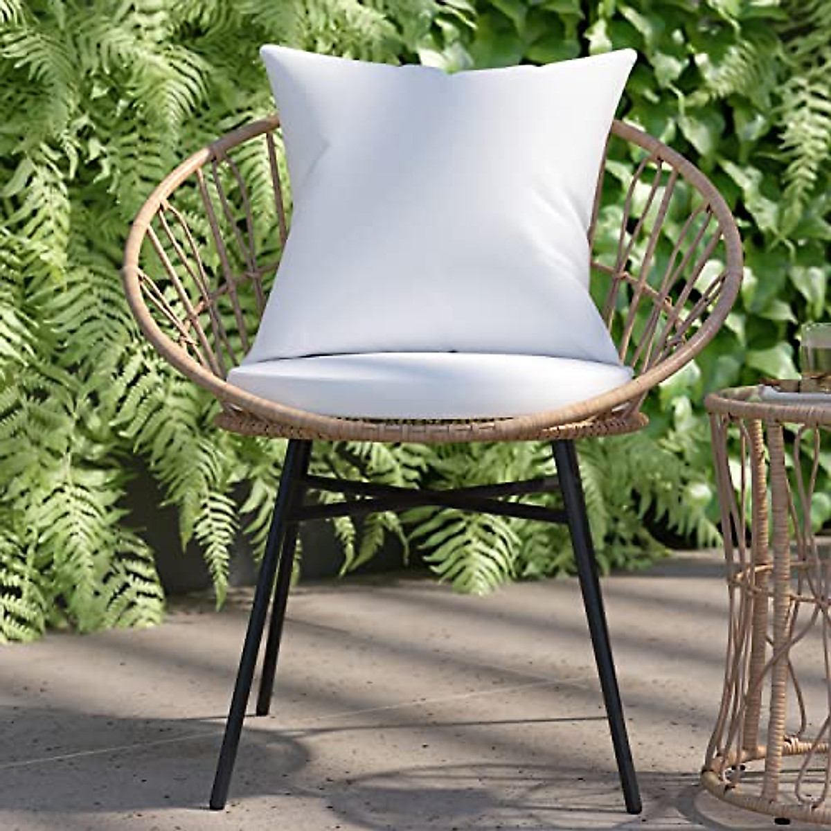 Flash Furniture Devon Indoor/Outdoor Bistro Set - Tan Finish Rattan Rope Papasan Style Chairs and Glass Top Side Table - Light Gray Back and Seat Cushions, 15.75x15.75x25, 3-Piece