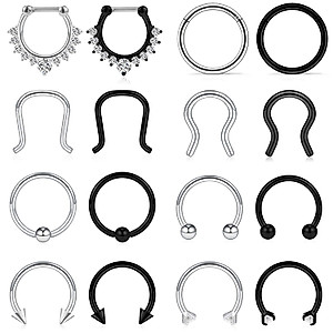 Ruifan 16PCS 16G Stainless Steel Septum Clicker Ring Piercing Nose Rings Hoop Tragus Cartilage Retainer Body Piercing Jewelry Clear CZ Silver And Black