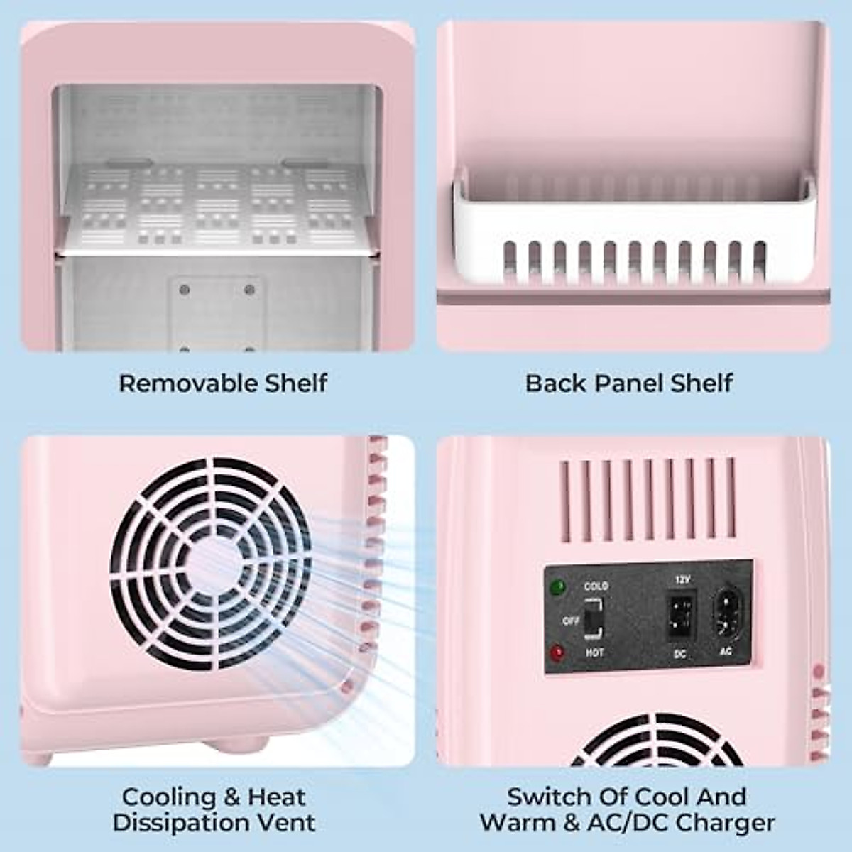 Tiastar Mini Fridge, 4 Liter /6 Cans Skincare Fridge for Bedroom, Dorm, Car, Office, 110V AC/ 12V DC Small Fridge, Thermoelectric Cooler and Warmer, Pink