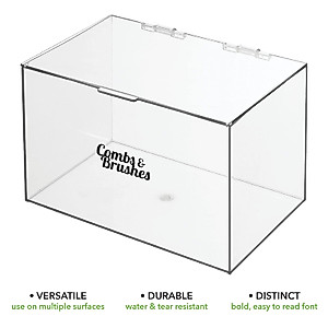 mDesign Plastic Stackable Bathroom Storage Organizer Box with Hinged Lid - for Cabinet, Vanity Organizer for Makeup, First Aid, Hair Accessories - 6.5" High - 4 Pack, Includes 32 Labels - Clear