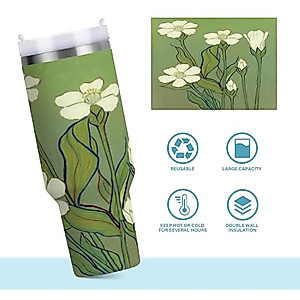 RPLIFE White Flowers Green 40 Oz Tumbler, Stainless Steel Cups with Lid, Tumblers for Women