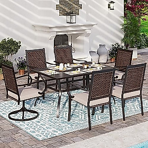 SUNSHINE VALLEY Patio Dining Set for 6, Outdoor Dining Furniture Set with 1 Dining Table 4 Wicker Patio Chairs with Cushion and 2 Swivel Patio Chairs with Cushion for Lawn Garden Backyard