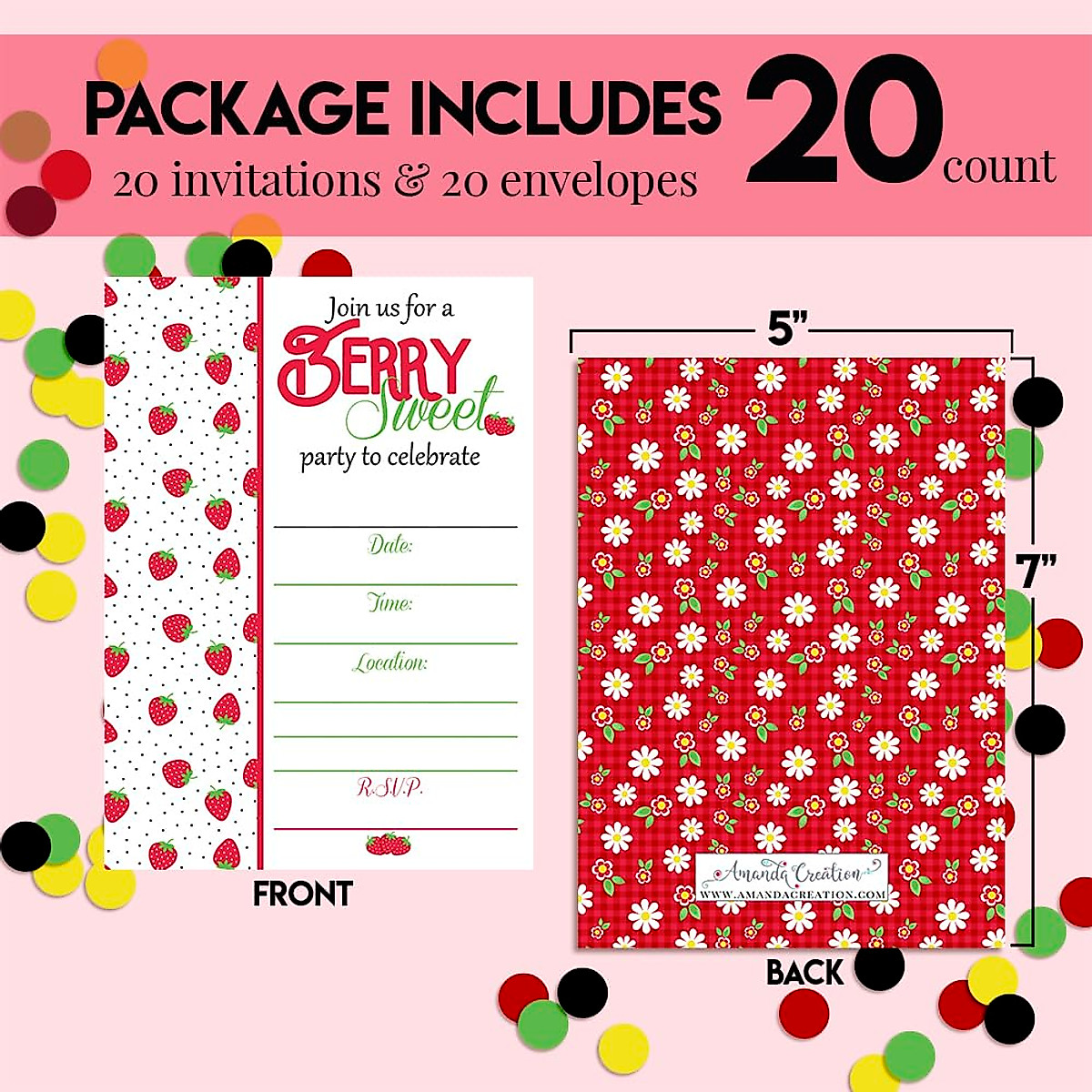 Strawberry Themed Birthday Party Invitations, 20 5x7 Fill In Cards with Twenty White Envelopes by AmandaCreation