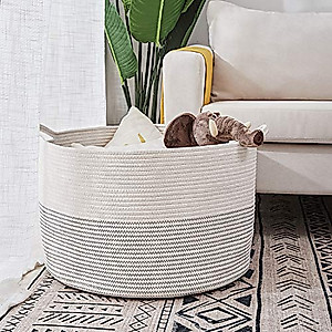 Cotton Rope Basket, 15.7 x 13.8inch Laundry Blanket Storage Basket with Easy-Carry Handles, Baby Nursery Bin for Home Décor and Organizing