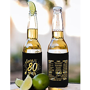 Henghere 80th Birthday Decorations for Men Women, 80th Birthday Party Supplies, Vintage - Eighty Birthday Party Beverage Can Cooler Sleeves, 12-Pack (Black & Gold)
