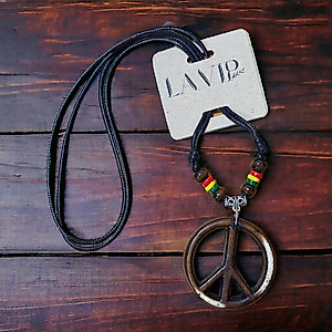 LAVIP Leather Peace Symbol Necklace - Peace Sign Pendant Rasta Hippie Hemp Hawaiian