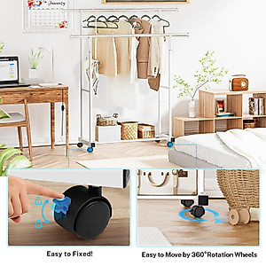 VICERII Double Clothing Rack, 55.51 Inch Garment Rack with Wheels and Bottom Shelf, 130LB Capacity Heavy Duty Rolling Clothes Racks for Hanging Clothes, Coats, Shirts, Sweaters, Skirts, White