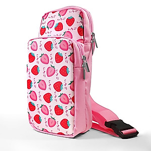THRCIFLO Cute Pink Strawberry Travel Carrying Bag for Nintendo Switch/OLED/Lite Shoulder Bag Storage Backpack for Switch Accessories, Portable Crossbody Sling Case for Girls