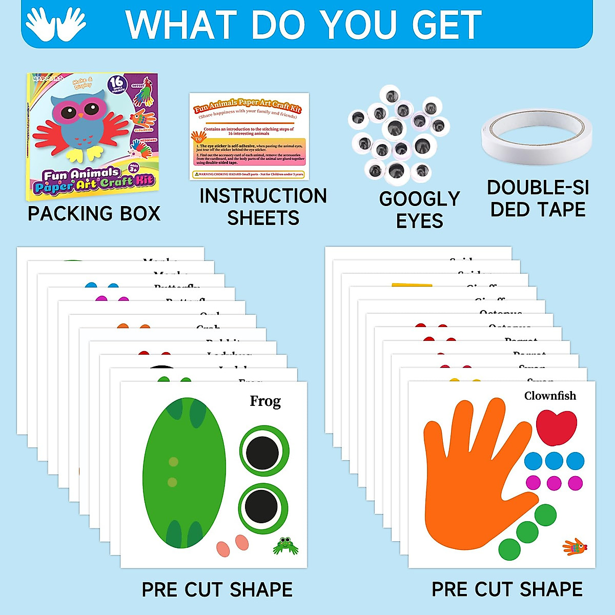 HAPMARS Handprint Art Craft Kits for Kids,16 Pack Easy Animal Cutout Craft for Toddler Age 3, 4, 5,DIY Fun Hand Print Paper Crafting,Creative Toys Preschool Classroom Activity Project for Boys & Girls