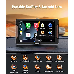 Spedal 7 Inch Wireless Apple CarPlay and Android Auto, Portable Car Stereo with Mirror Link, Multimedia Player, Bluetooth, AUX/FM, Google and Siri Assistant, Dash or Windshield Mounted