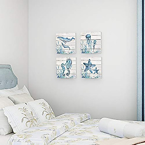 SUMGAR Ocean Wall Art Bathroom Rustic Decor Beach Coastal Canvas Paintings Farmhouse Navy Blue Pictures Seahorse Starfish Nautical Artwork Set of 4 Marine Life Theme Bedroom Decorations 12x12 inch