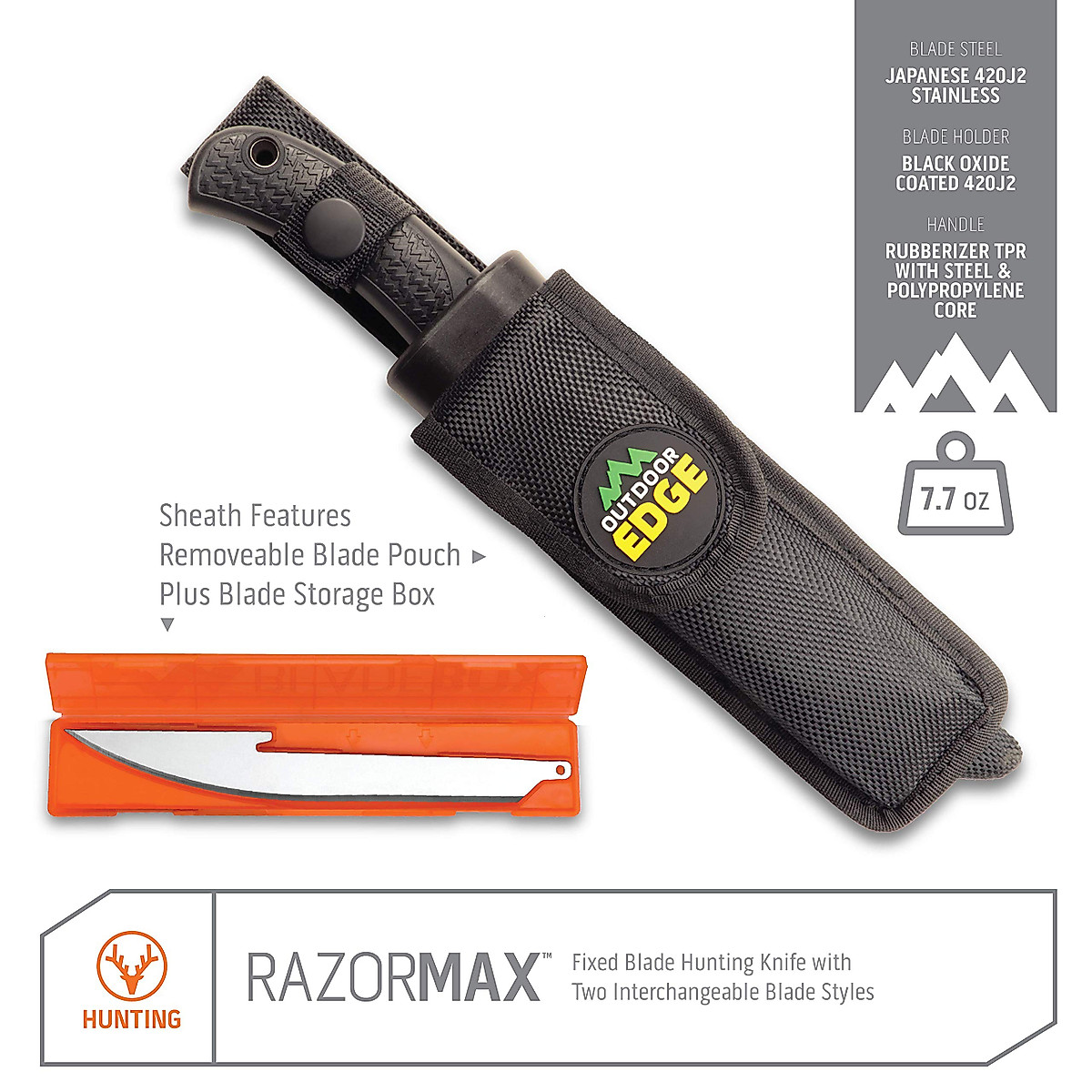 OUTDOOR EDGE RazorMax - Replaceable Fixed Blade Hunting Knife with 3.5" Drop-Point, 5" Boning/Fillet Blades, Belt Sheath and Detachable Blade Carrier (Black, 6 Blades)