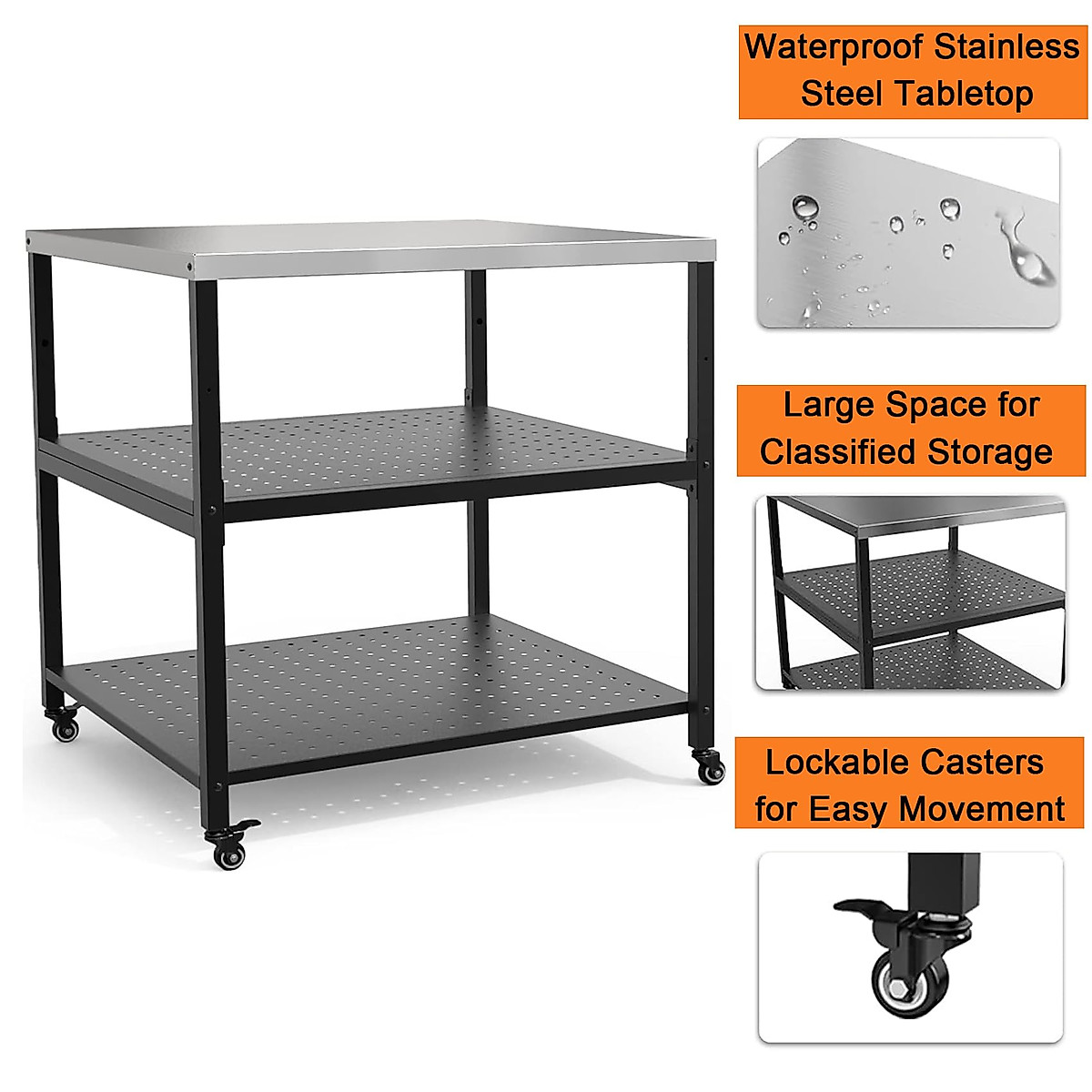 Mimiuo Grill Cart Pizza Oven Stand for Ooni Pizza Oven 31.5 x 31.5 x 33 inch, Large Stainless Steel Modular Table for Indoor Outdoor, Movable Food Prep Dining Trolley for Kitchen Patio Backyard