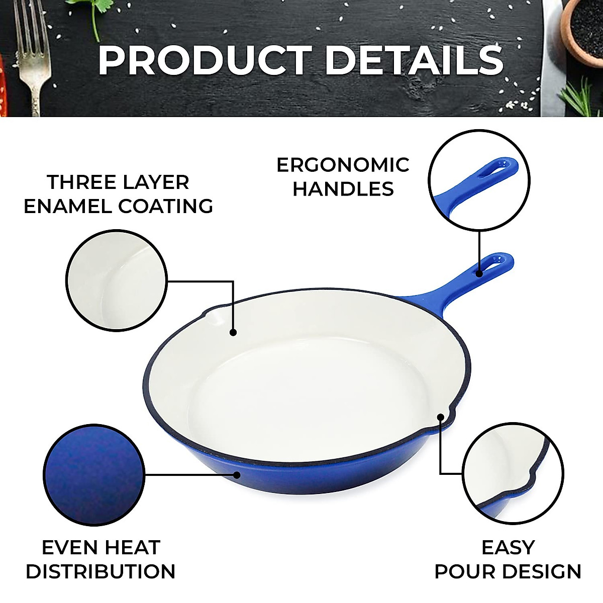 Healthy Choices 8" Small Enameled Cast Iron Pan, White Cast Iron Skillet, Blue Enameled Skillet, Eggs, Sauces, Desserts, BBQ Safe, Small Skillet For Camping, Dishwasher, Induction, Stovetop, Open Fire