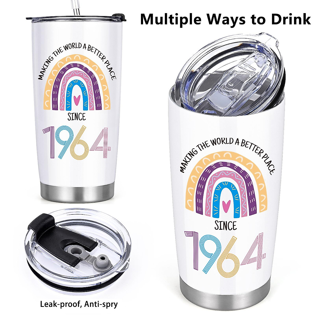 GINGPROUS 60th Birthday Gifts for Women, 1964 Birthday Gifts for Women, 60 Year Old Birthday Gifts, 60th Birthday Gift Ideas, 60th Birthday Decoration, 20oz Stainless Steel Insulated Tumbler with Lid