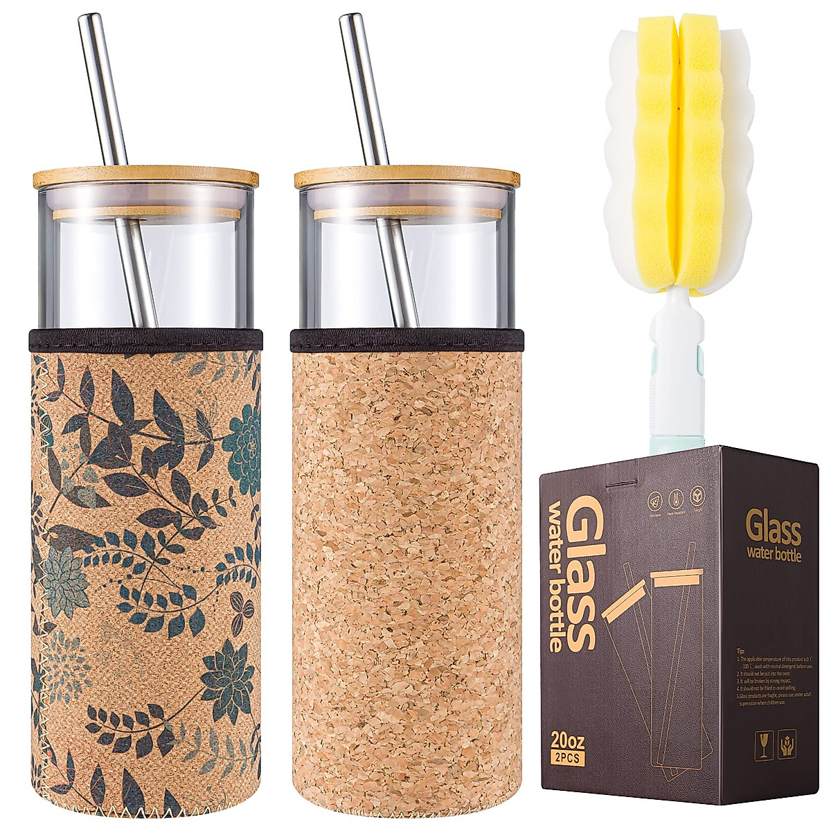 20oz Glass Tumbler with Bamboo Lid and Straw, Wide Mouth Water Tumbler with Protective Sleeve, Drinking Cups, Drinking Jars, Claplante Iced Coffee Cup, Spill Proof Glass Water Bottle, Glass Cup