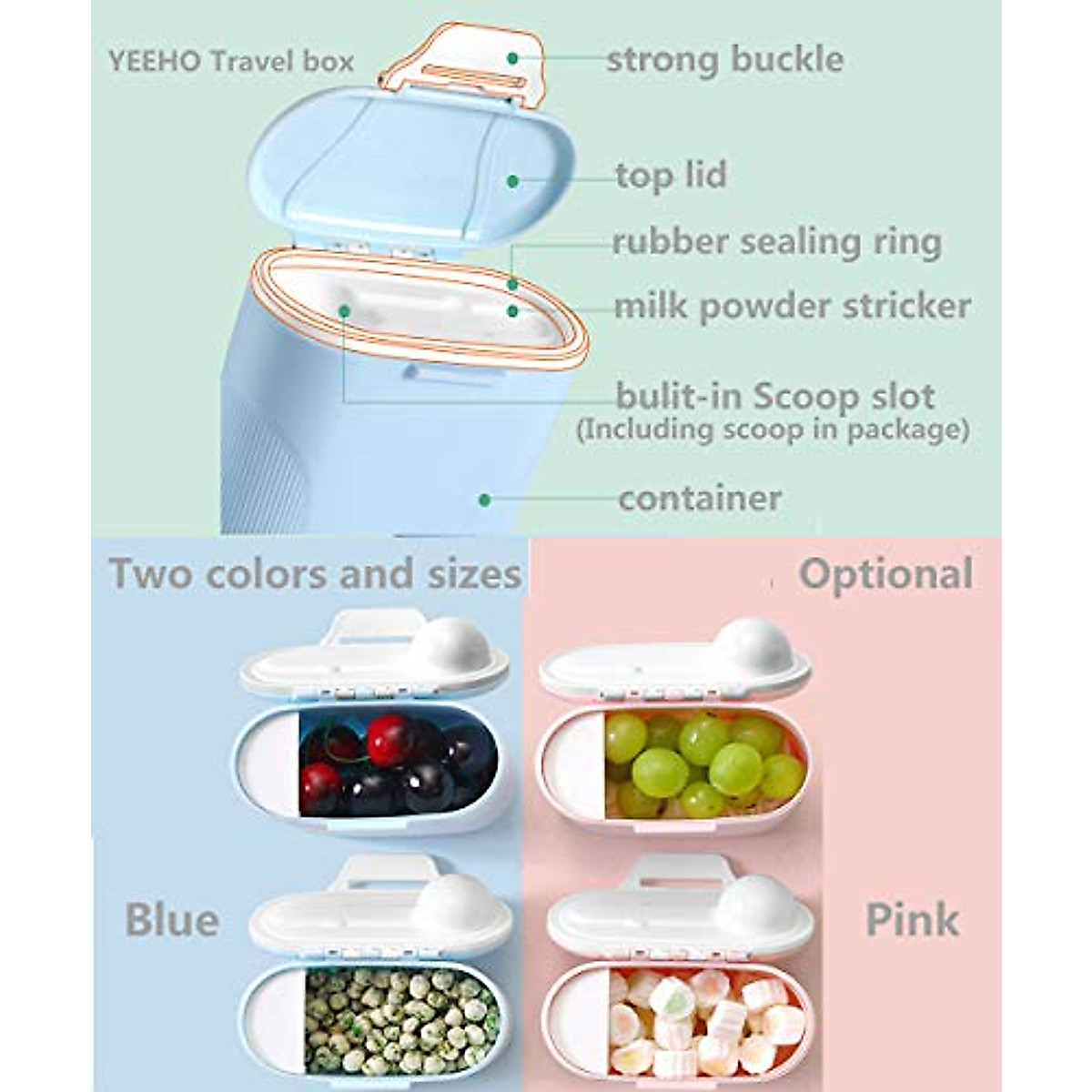 YEEHO Travel Infant Formula Dispenser Box with Scoop, Portable Baby Dry Milk Powder Food Container with Spoon Airtight Storage Easy go Parents Choice Sealed Small Case,Blue