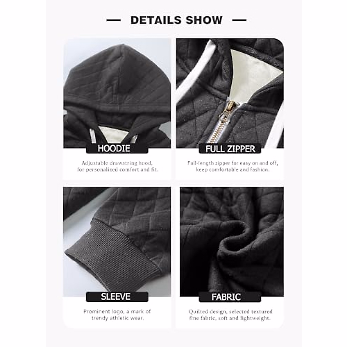 JMIERR Mens Hoodie Sweatshirt Casual Long Sleeve Full Zip Jacket with Pockets Quilted Hoodies for Men,US 43(L),A Grey