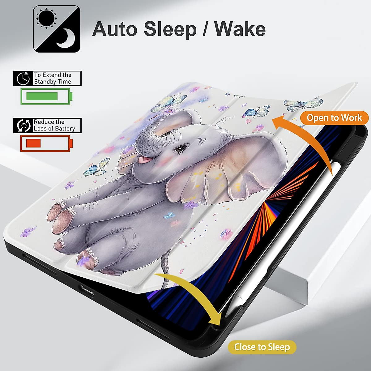 DONGKE Case for 2021/2022 iPad Pro 12.9 inch 5th / 6th Gen - Slim Protective Case - Apple Pencil Charging - Trifold Stand & Sleep/Wake Cover, Also Fits to iPad Pro 12.9 3rd / 4th Gen, Elephant