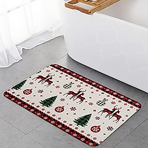 Kitchen Mat Rug Set of 2 Christmas Trees Snowflake Elks Black and Red Plaid Buffalo Beige Runner Rug Anti-Fatigue Comfort Memory Foam Standing Mat Non-Slip Floor Door Mat for Bedroom 16x24n+16x47in