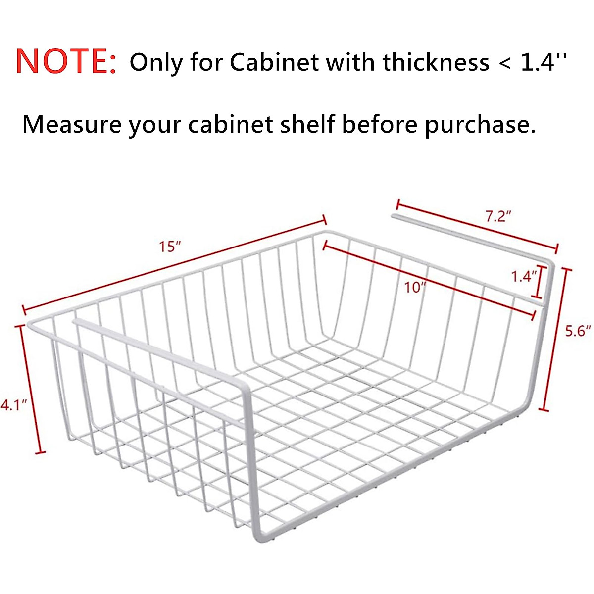 Tebery 2 Pack White Under Shelf Wire Basket Hanging Storage Baskets, Under Cabinet Add-on Storage Racks Slide-in Baskets Organizer for Kitchen Pantry Desk Bookshelf