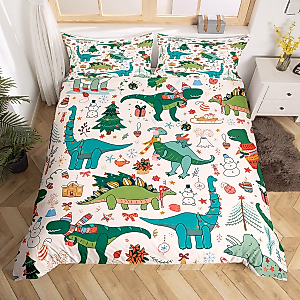 Cute Dinosaur Duvet Cover Set Full Size,Christmas Theme Dinosaur Bedding Set 3Pcs for Kids Girls Boys,Cartoon Xmas Tree Snowman Comforter Cover Xmas Animal Quilt Cover Teens Room Decor,2 Pillowcases