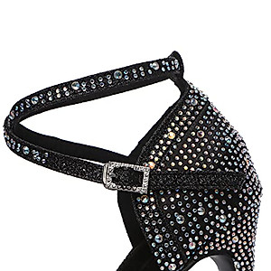 JUODVMP Women's Ballroom Dance Shoes Black T-strap Latin Dance Shoes with Rhinestones 4 inch Heel,8 US