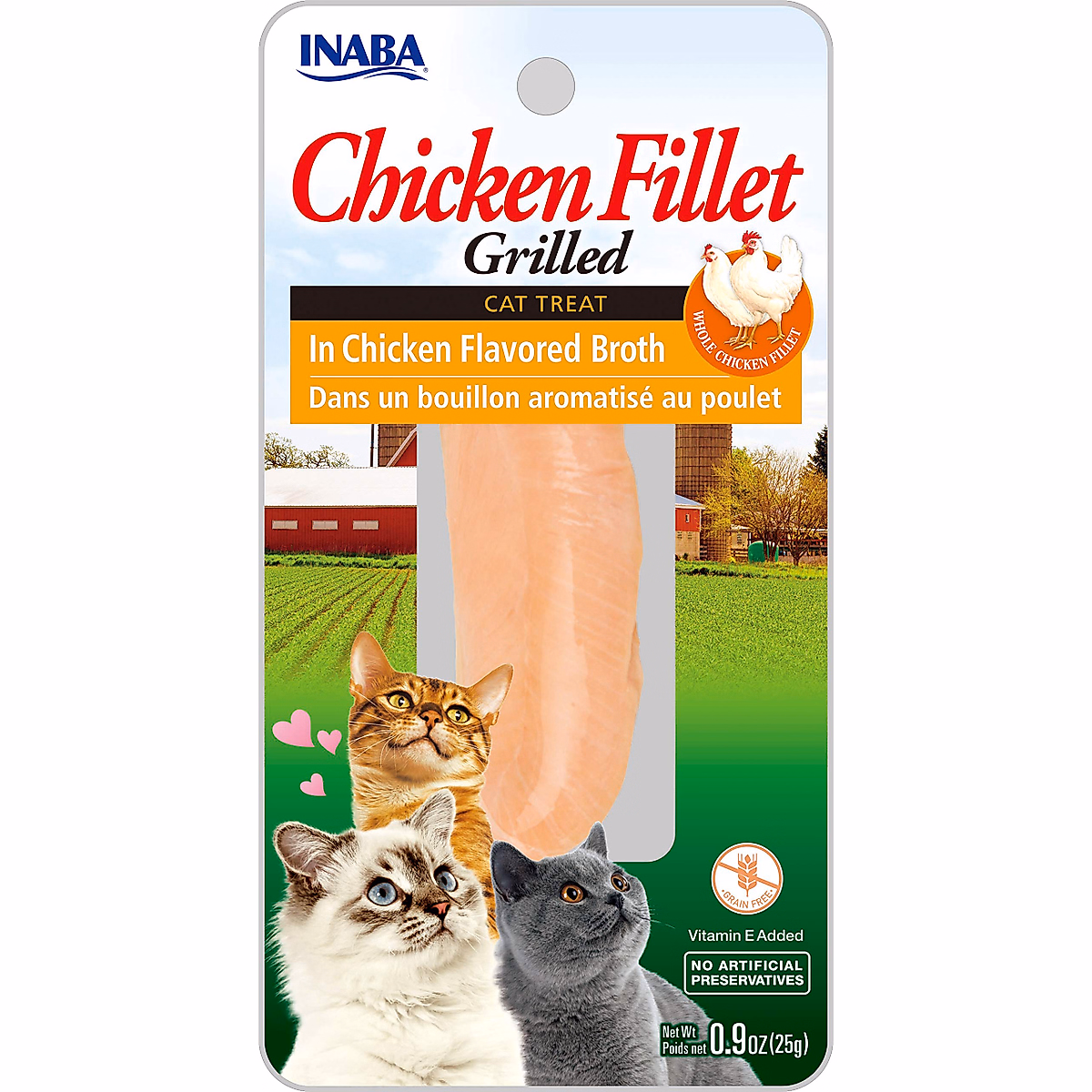 INABA Natural, Premium Hand-Cut Grilled Chicken Fillet Cat Treats/Topper/Complement with Vitamin E and Green Tea Extract, 0.9 Ounces Each, Pack of 6, Chicken Broth