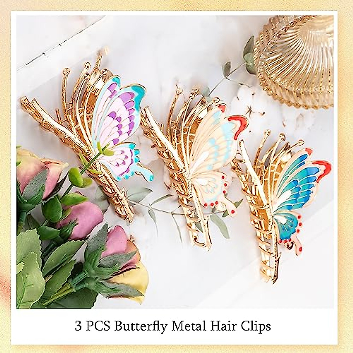 FDBJulyy 4 Inch Butterfly Metal Hair Clips for Women&Girls 3 Pcs Large Hair Claw Clips Nonslip 3 Styles Strong Hold Matte Claw Hair Accessories for Woman and Girls With Long Thick Hair & Thin Hair