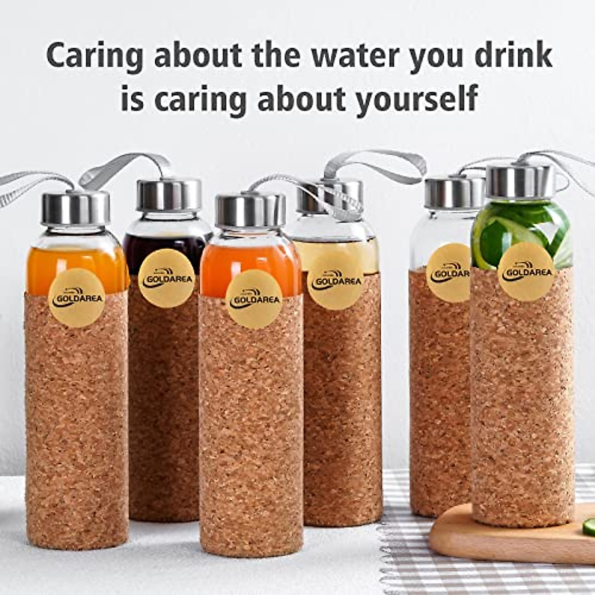 GoldArea 6 Pack Glass Water Bottles with Sleeves, 16 oz Glass Bottles with Stainless Steel Caps, Reusable Sport Water Bottles, Juice Containers with Lids for Fridge, Leakproof Bottles for Beverage
