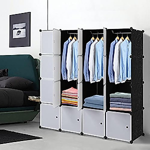 Kopokd Maximize Home Organization with Stackable Modular Shelving Closet Organizer - Plastic Storage Cubes with Hanging Rod and Wardrobe Cabinet Plus White Doors and Black Panels
