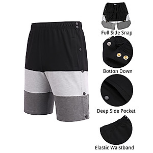 Deyeek Tear Away Shorts for Men Side Snap Cotton Color Block Shorts Post Surgery Recovery Break Away Pants with Pockets