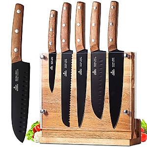 ENOKING 6PCS Knife Set with block, Magnetic Wood Knife Holder with Acrylic Shield, German High Carbon Stainless Steel Blades