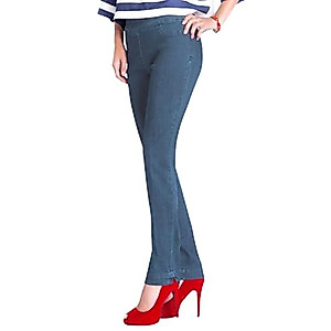 SLIM-SATION Women's Wide Band Regular Length Pull-on Straight Leg Pant with Tummy Control, Denim, 12