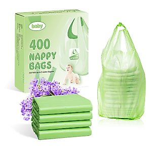 SZILBZ Baby Disposable Diaper Sacks - Unscented Diaper Disposal Bag Odor Control, Made with Recycled Material Dog Poop Bags Tie Handle Trash Bags- 400 Count (Blue)
