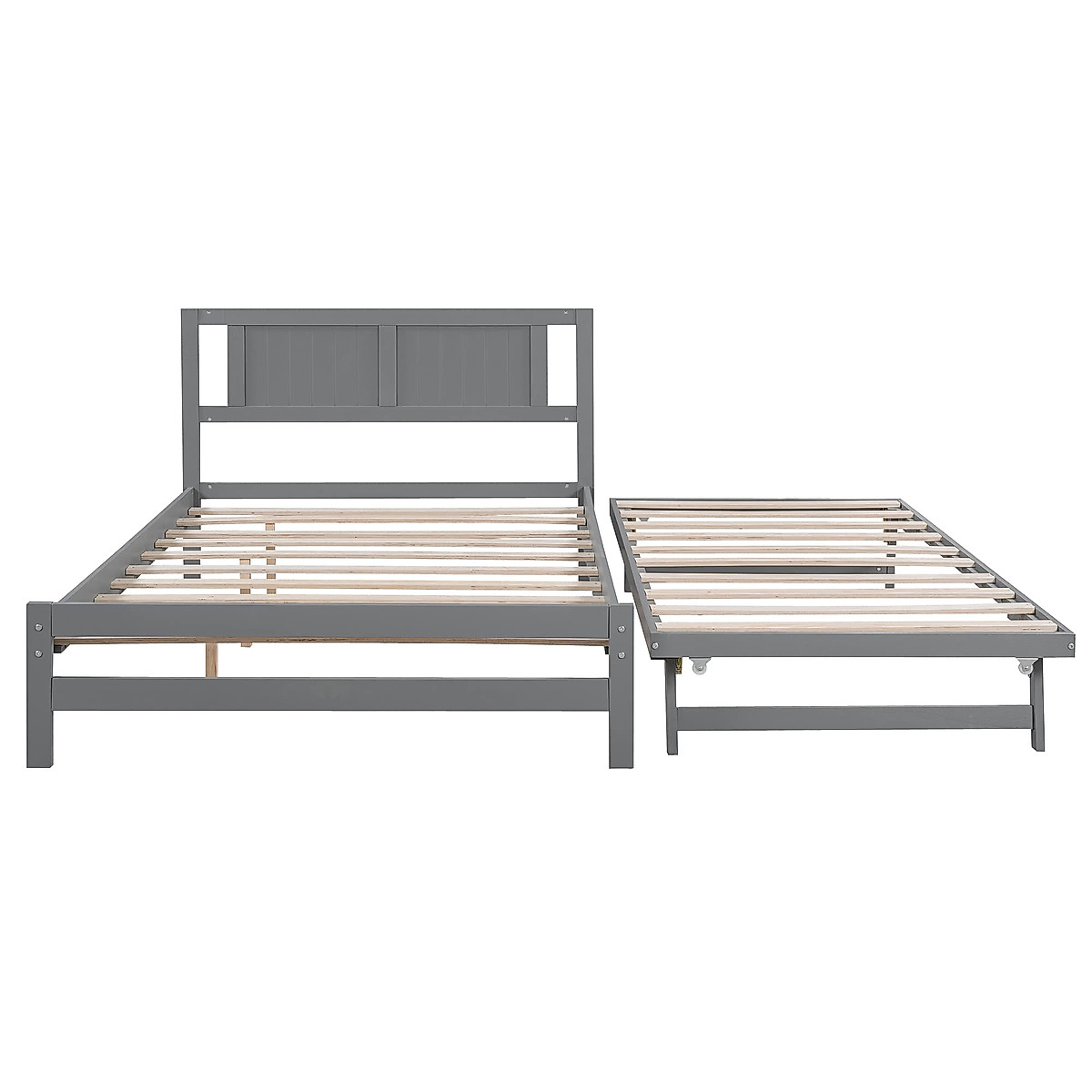 Harper & Bright Designs Full Size Bed Frame with Adjustable Trundle, Wooden Full Platform Bed with Headboard, Full Trundle Bed Frame for Kids, Teens, Adults, No Box Spring Needed, Gray