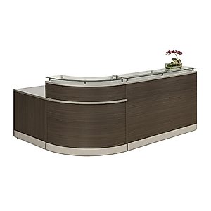 NBF Modern Reception Desk with Counter, Front Desk, Retail Checkout Counter, L Shaped, Office, Lobby, Salon, Store, Curved, 79" W x 63" D, Driftwood