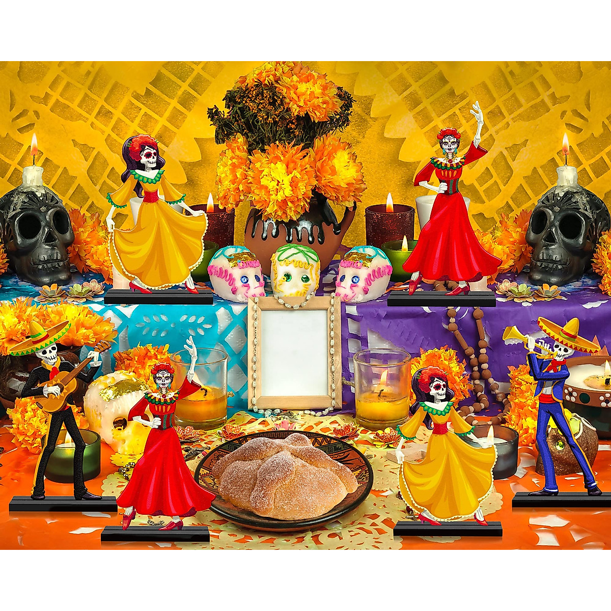 4 Pieces Day of The Dead Table Decorations Wooden Dia De Los Muertos Centerpieces Set Halloween Sign for Mexican Fiesta Carnival Party and Home Party Decorations Supplies