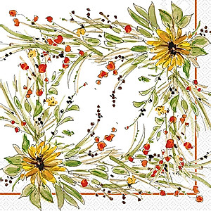 IHR Ideal Home Range Cocktail Napkins Rosanne Beck Disposable 3-Ply Paper Party Napkin Pack, 5" x 5", Sunflower Medley, 20-Count