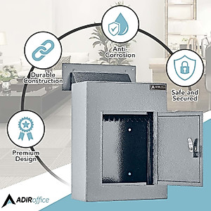 AdirOffice Through The Wall Drop Box Safe - Durable Thick Steel w/Adjustable Chute - Mail Vault for Home Office Hotel Apartment Grey