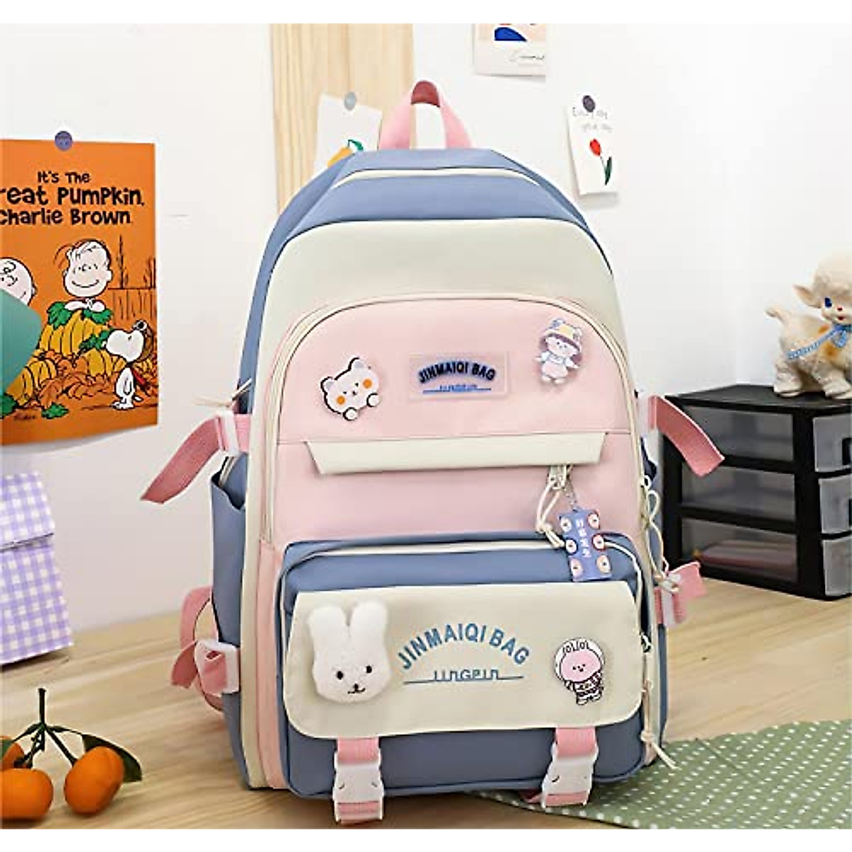 LaurelTree Kawaii Aesthetic Cute 5pcs School Bags Set with Accessories School Suppliers for Teens Girls Backpack Tote Bag (Blue)