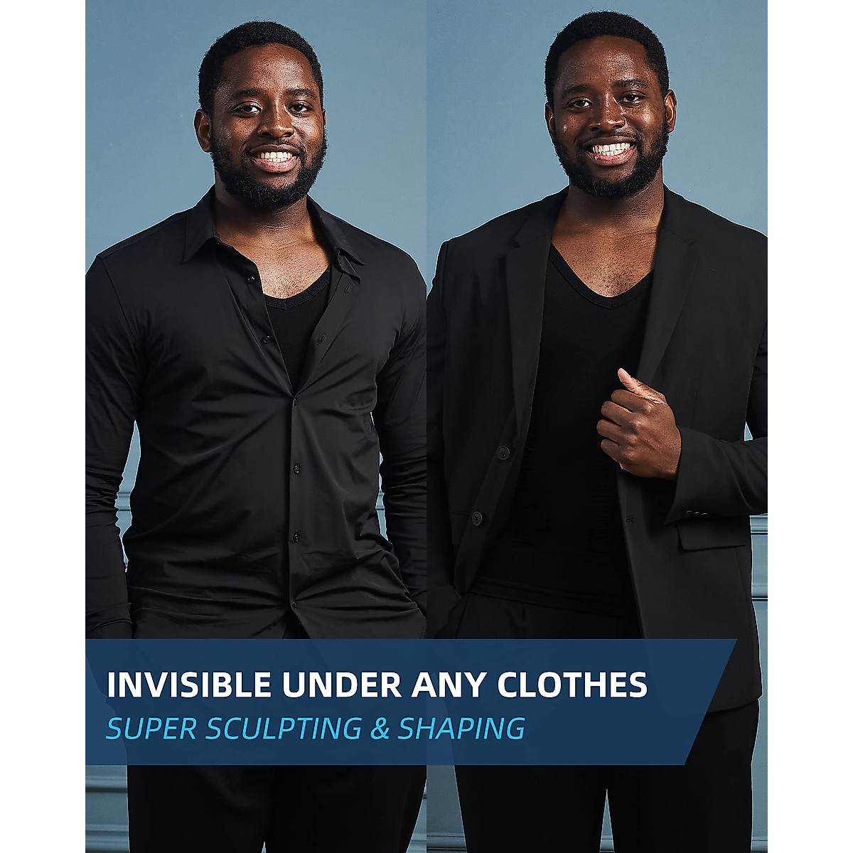 KOCLES Gynecomastia Compression Shirts for Men, Shapewear Slimming Body Shaper Undershirt, V-Neck Baselayer T-Shirt for Workout Sports, Fajas para Hombres (Black, X-Large)