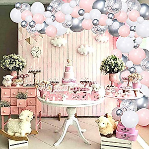 Silver Pink Balloons Garland Kit, 100pcs White and Silver Confetti Metallic Latex Balloons Arch with 16ft Tape Strip & Dot Glue for Girl Baby Shower, Birthday Party, Wedding, Anniversary Decorations