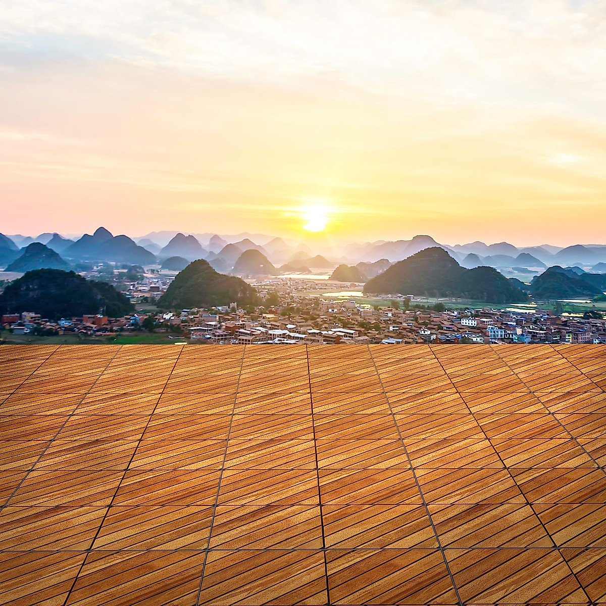 Interlocking Deck Tile (Pack of 10, 12"x12") Acacia Hardwood Deck Tile, Interlocking Patio Tile in Solid Acacia Wooden Oiled Finish Waterproof all Weather Perfect for Indoor Outdoor(Golden Teak Color)