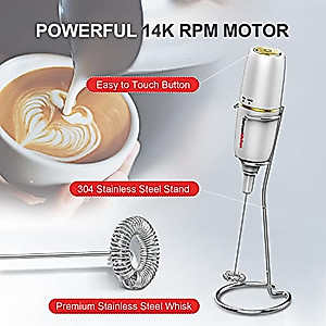 Bonsenkitchen Electric Milk Frother Handheld, Portable Whisk Milk Foam Maker with Stainless Steel Stand, Battery Operated Drink Hand Mixer for Coffee, Matcha, Electric Stirrer Coffee Mixer Wand