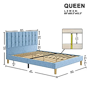 LIKIMIO Queen Bed Frame with Headboard, Velvet Upholstered Platform Bed Frame with Strong Wooden Slats/No Box Spring Needed, Light Blue/Easy Assembly, Light Blue