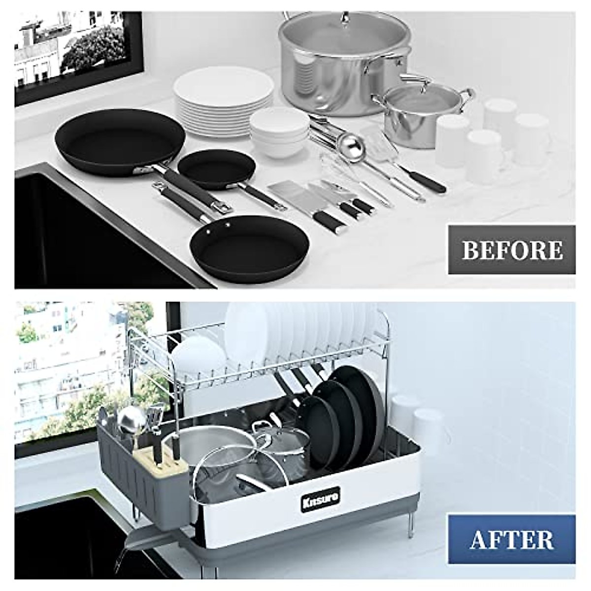 Kitsure Dish Rack, 2-Tier Dish Drying Rack with Large Capacity, Multifunctional Dish Drying Rack with Drainboard, Rustproof & Durable Dish Rack
