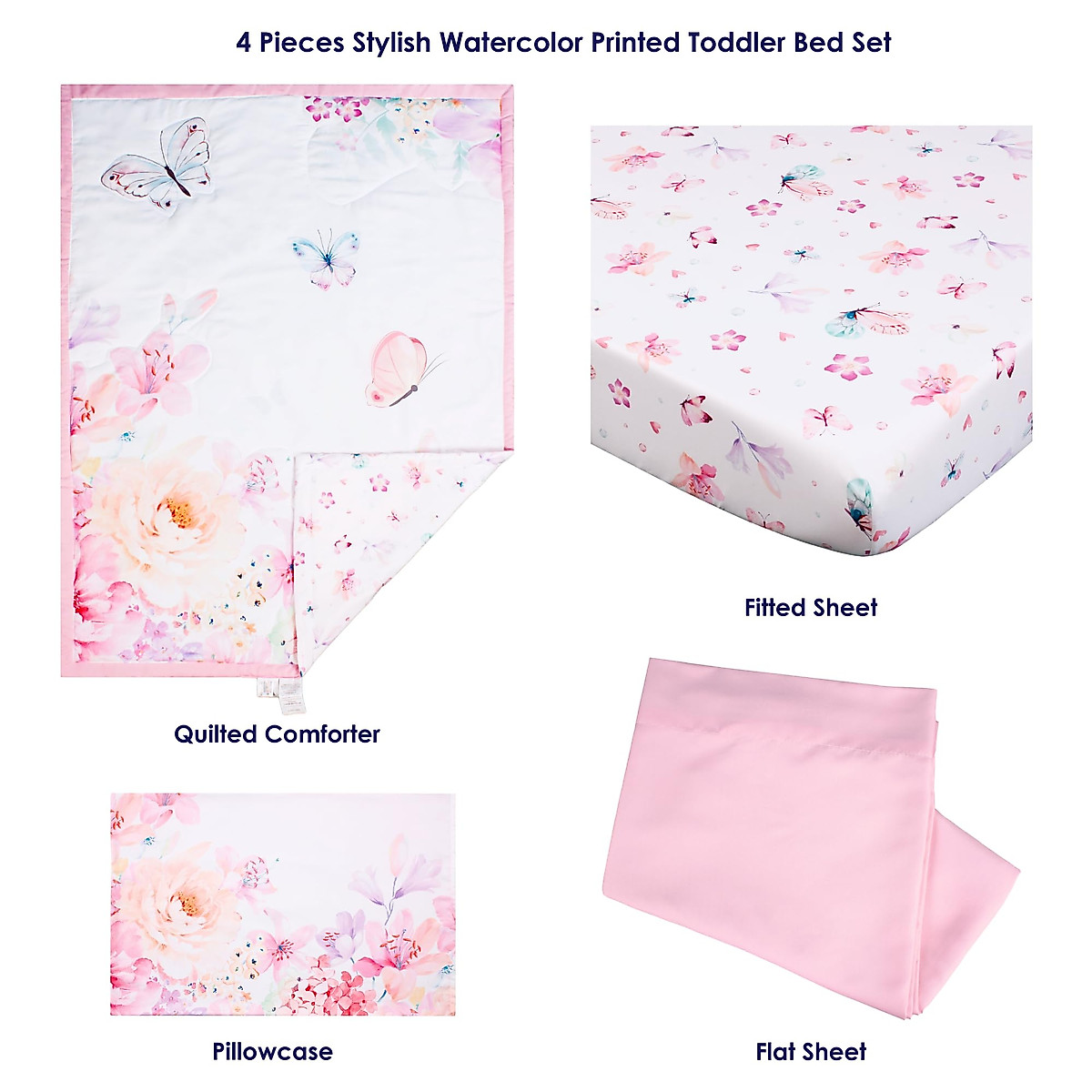 La Premura Blush Floral Butterfly Toddler Bedding Set, Girl Toddler Bed Set, Toddler Bed Sheets, Toddler Bedding Sets for Girls, Toddler Bed Girl, Toddler Comforter Set